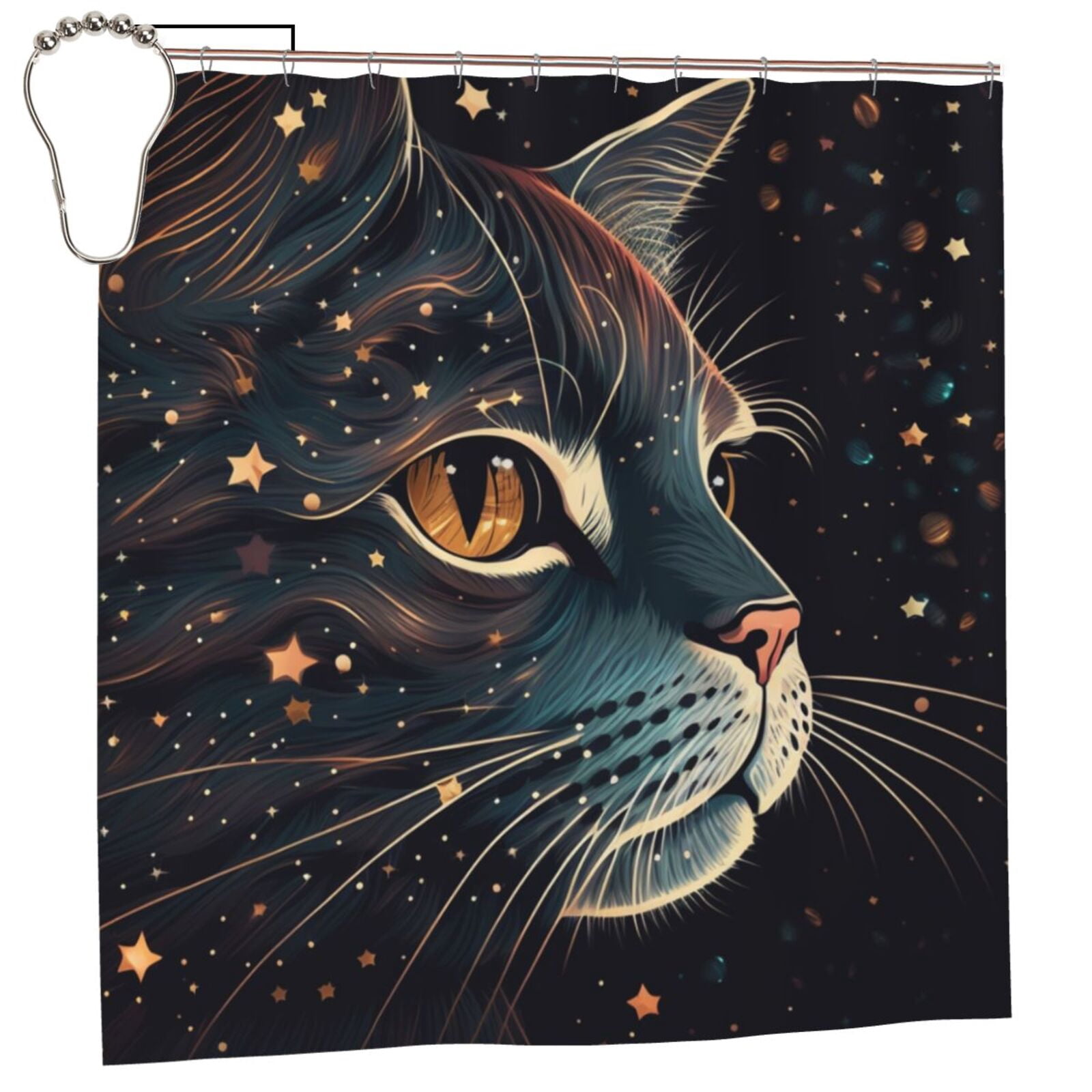 Cat Face Starry Cute Kitty Shower Curtain with 12 Iron Hooks Washable ...