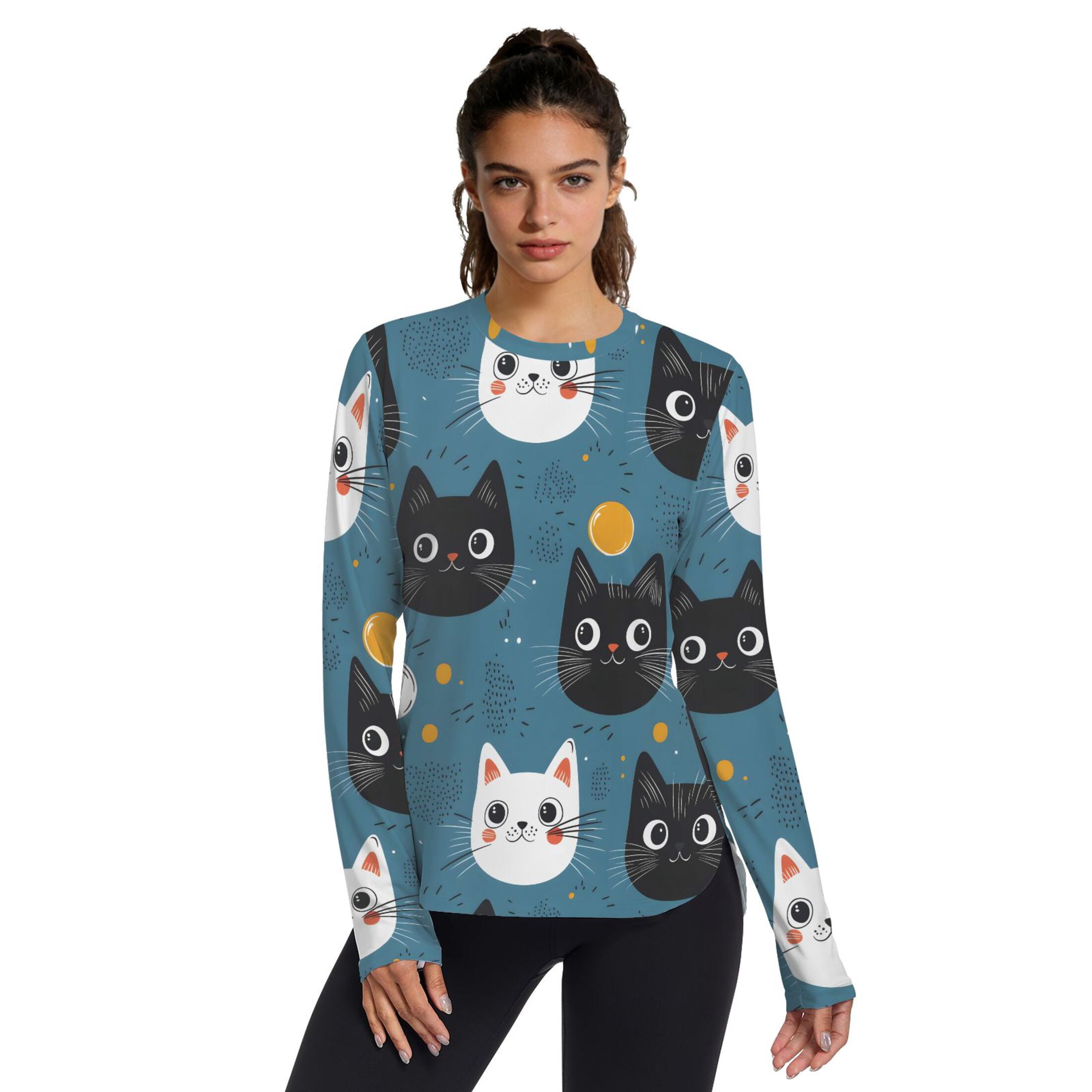 Cat Faces Women UPF 50+ UV Shirts Long Sleeve with Thumb Holes Workout ...