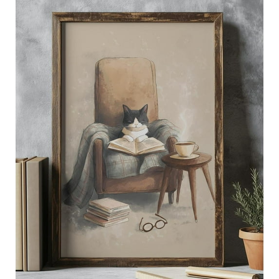 Cat Fallen Asleep Reading Print | Tuxedo Cat Wall Art | Cat Lover ...