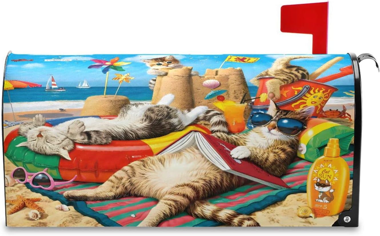 Cat Family Beach Mailbox Cover Magnetic Standard Size Enjoy The Summer Mailbox Covers Letter ...