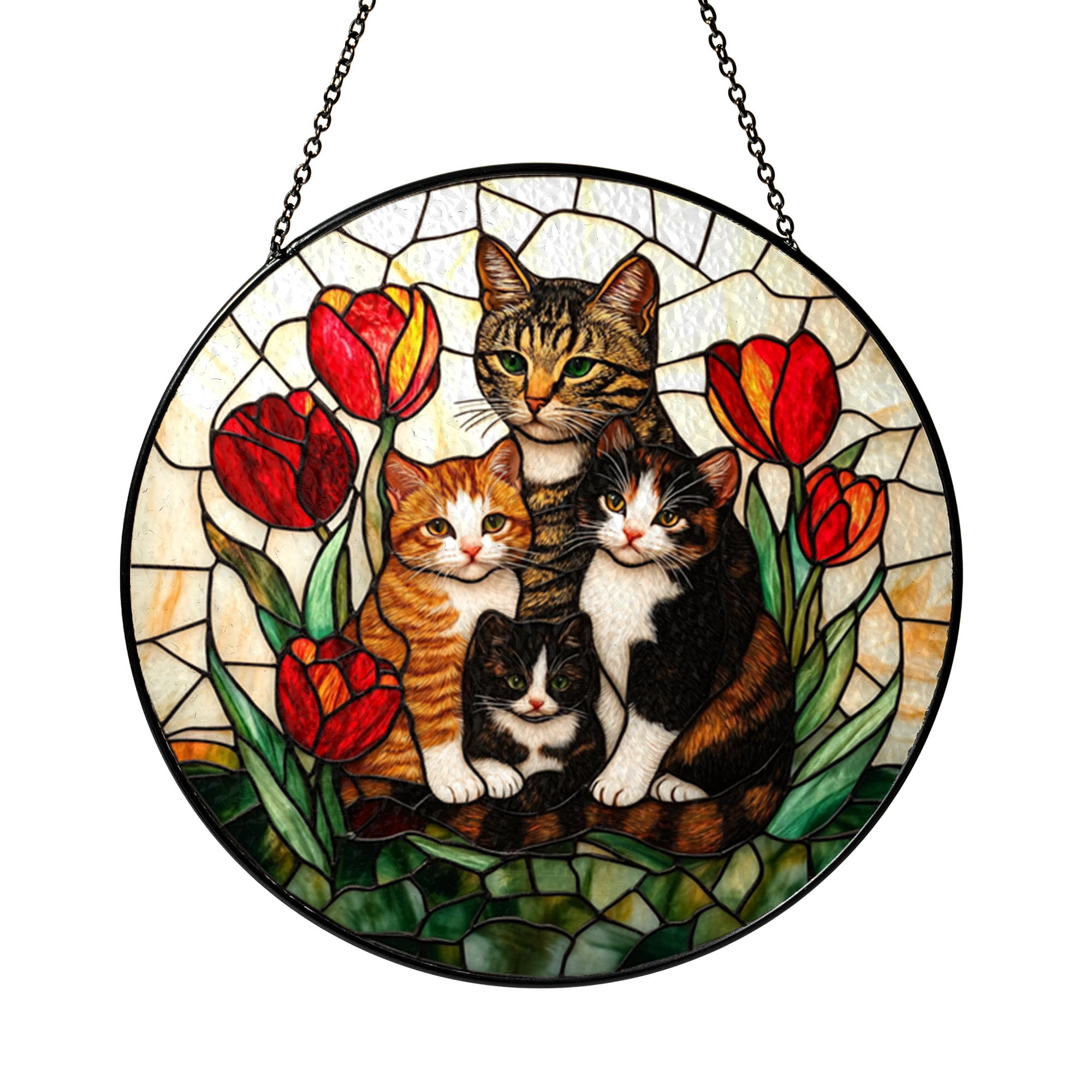 Cat Family Stained Glass Suncatcher, Window Hanging with Flowers, Gift ...