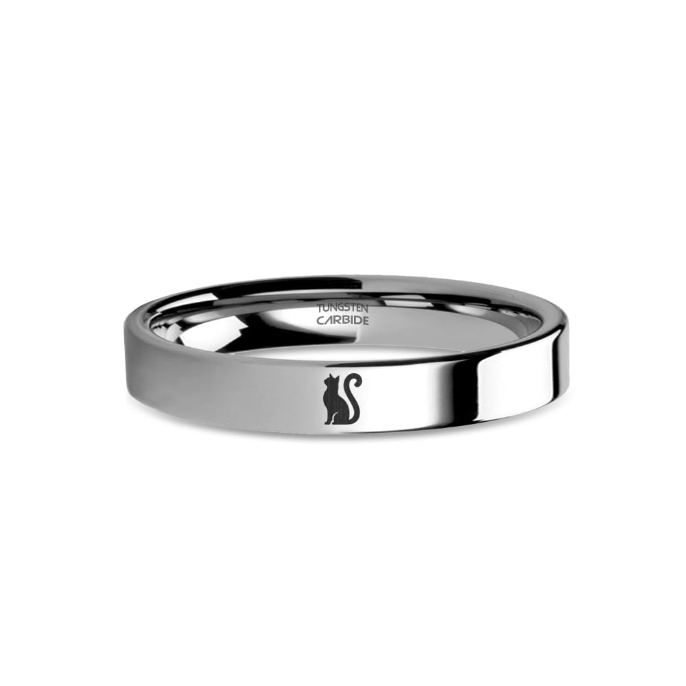 Cat Feline Silhouette Laser Engraved Silver Tungsten Carbide Ring, 4mm ...