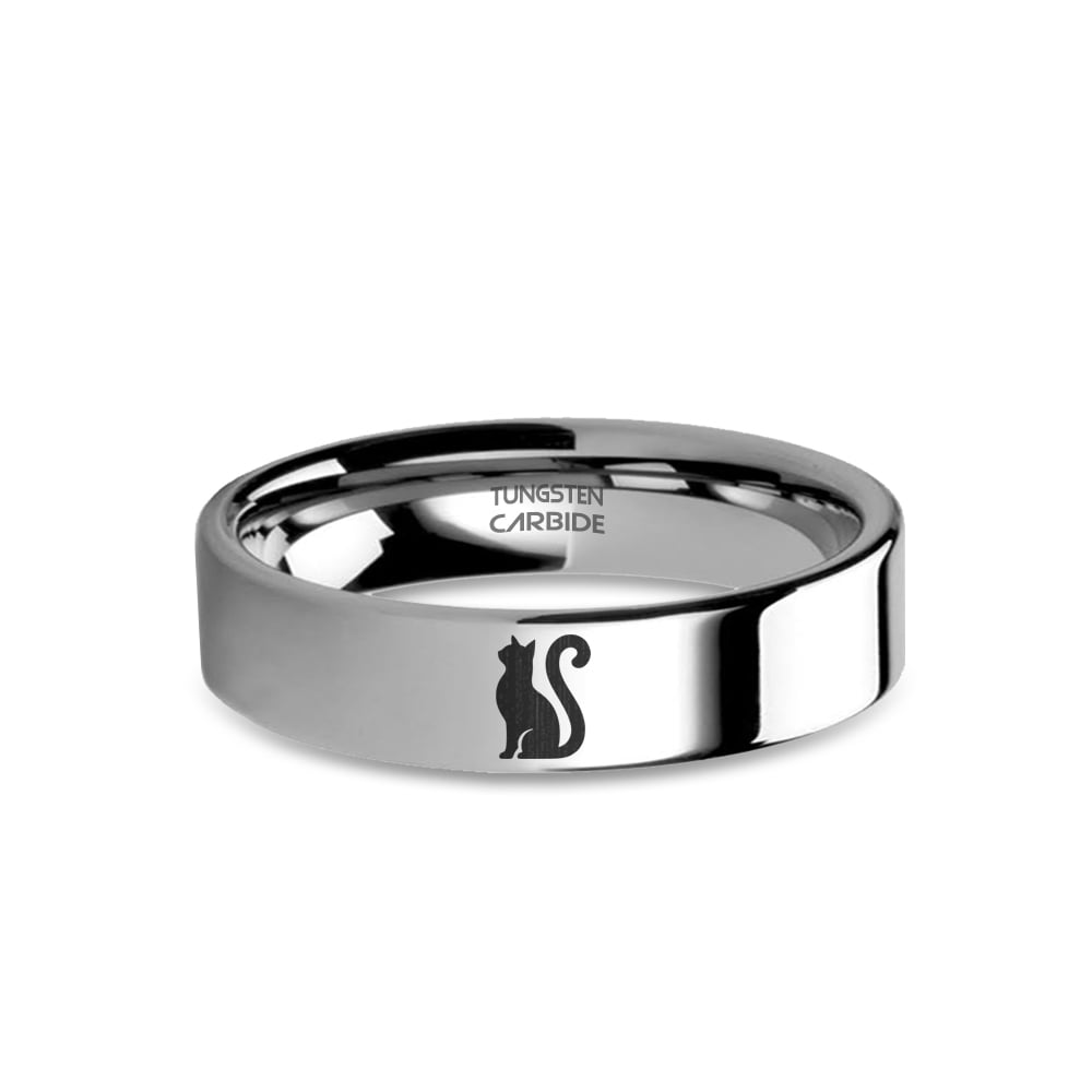 Cat Feline Silhouette Laser Engraved Silver Tungsten Carbide Ring, 6mm ...