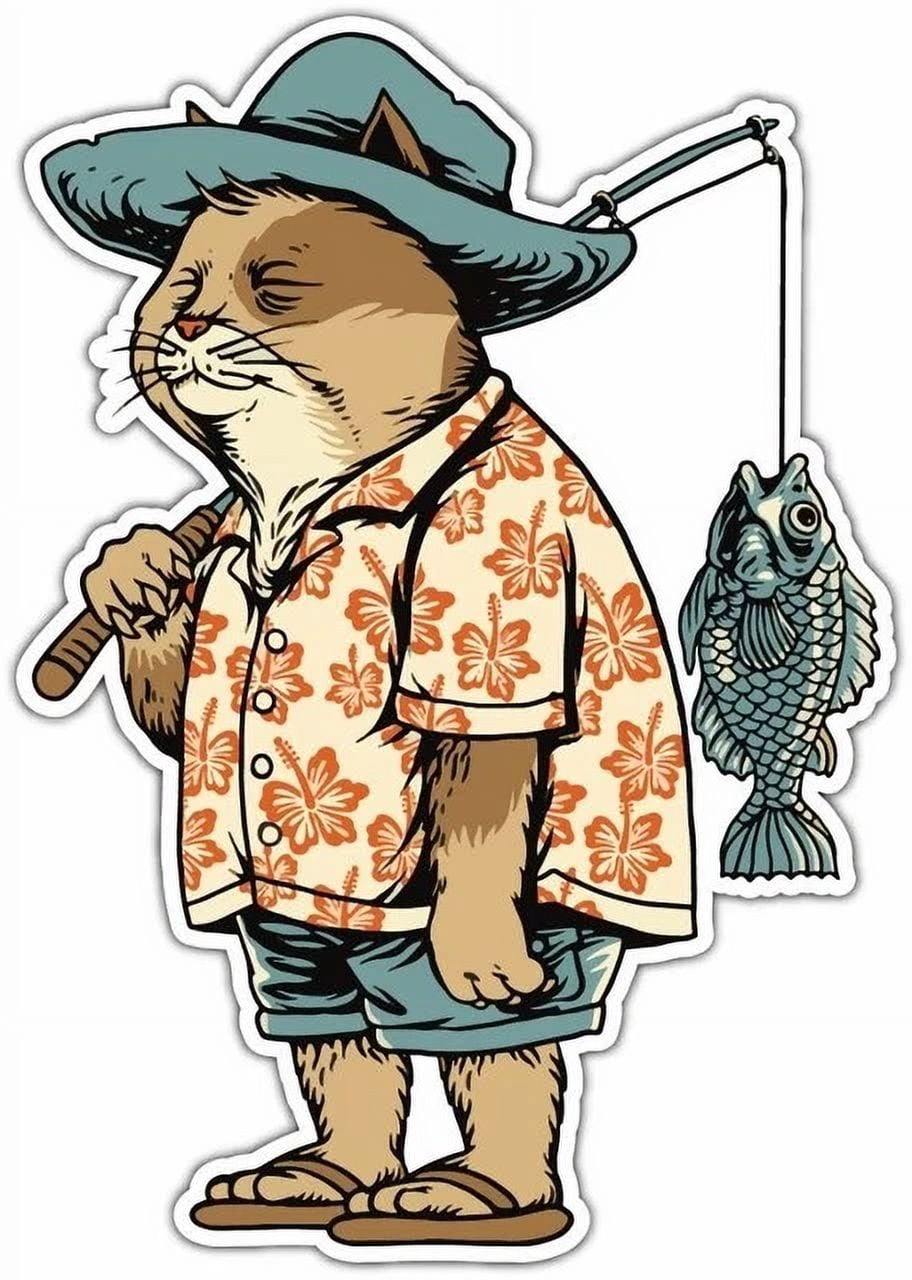 Cat Fisherman Fish Fishing Car Window Stickerphone Decal Water Bottle ...