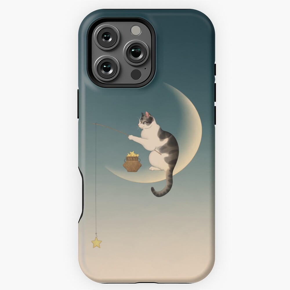 Cat Fishing for Stars on Moon Dreamy iPhone Case 11 12 13 14 15 16 17 ...