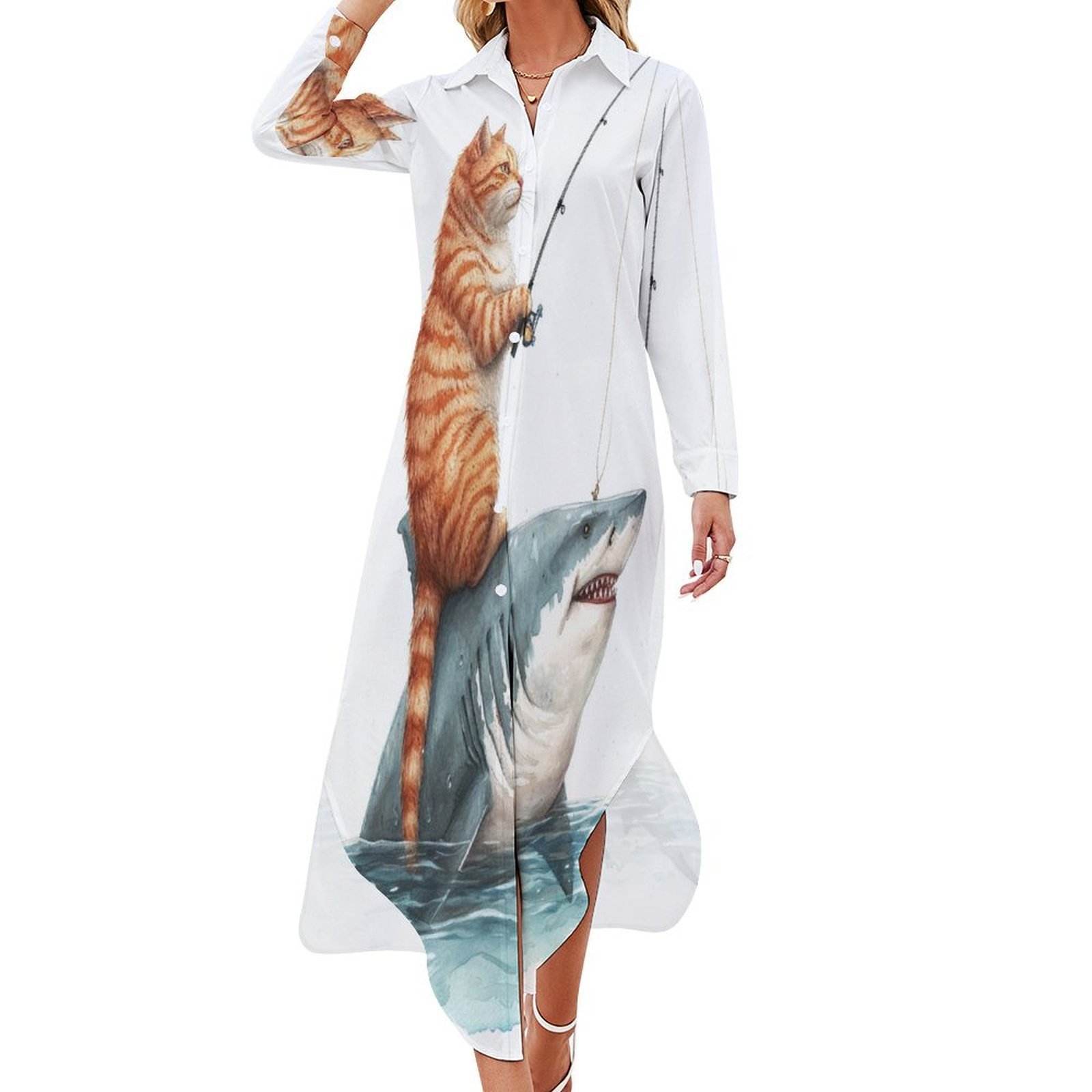 Cat Fishing on Shark Shirt Dress Long Sleeve Street Fashion V Neck ...