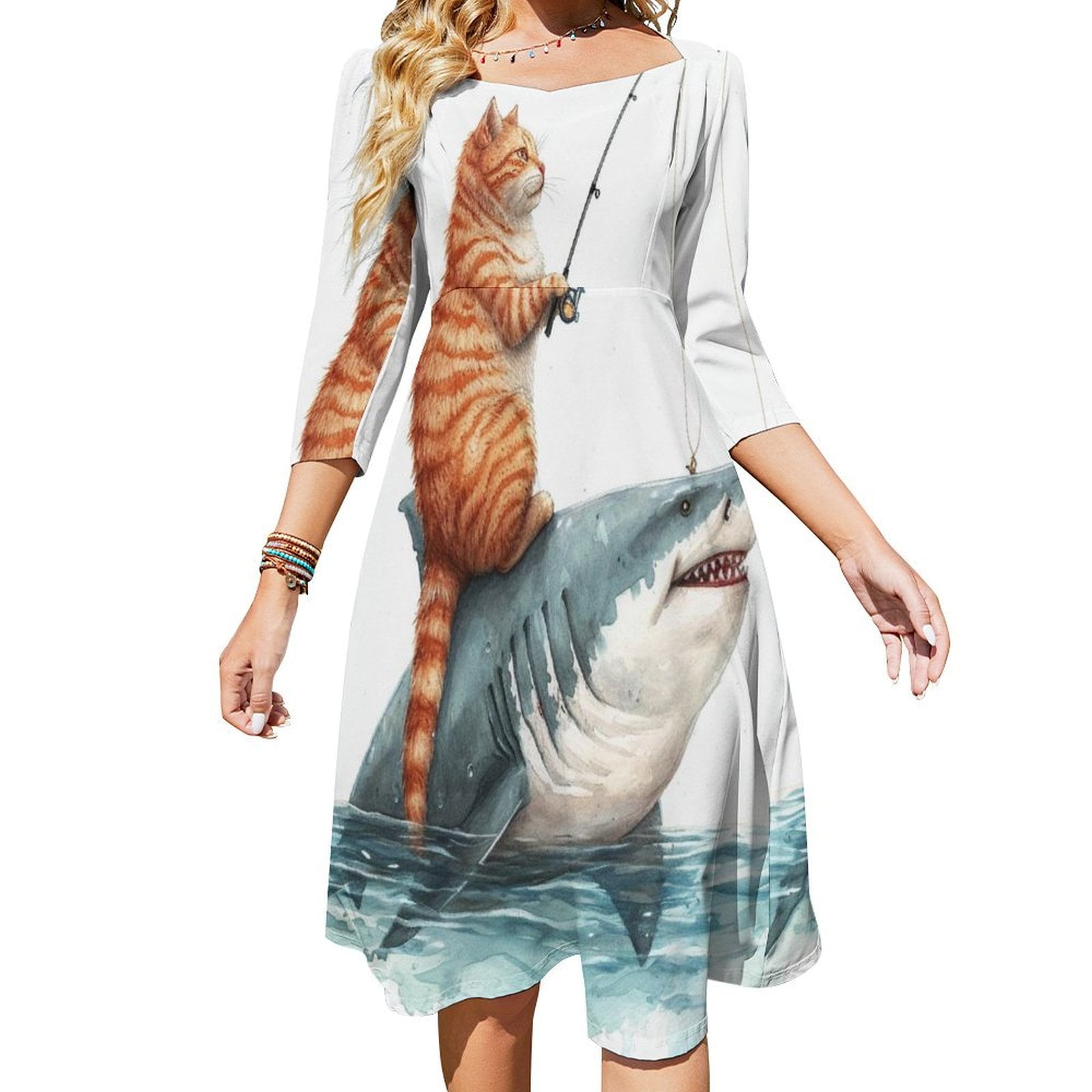 Cat Fishing on Shark Sweetheart Knot Flared Dress Fashion Design Large ...