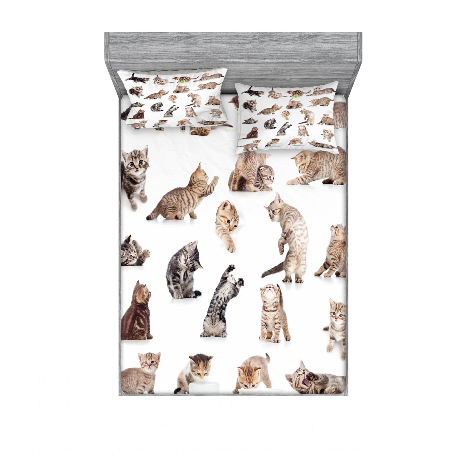 Cat Fitted Sheet & Pillow Sham Set, Illustration of Funny Playful Cats ...