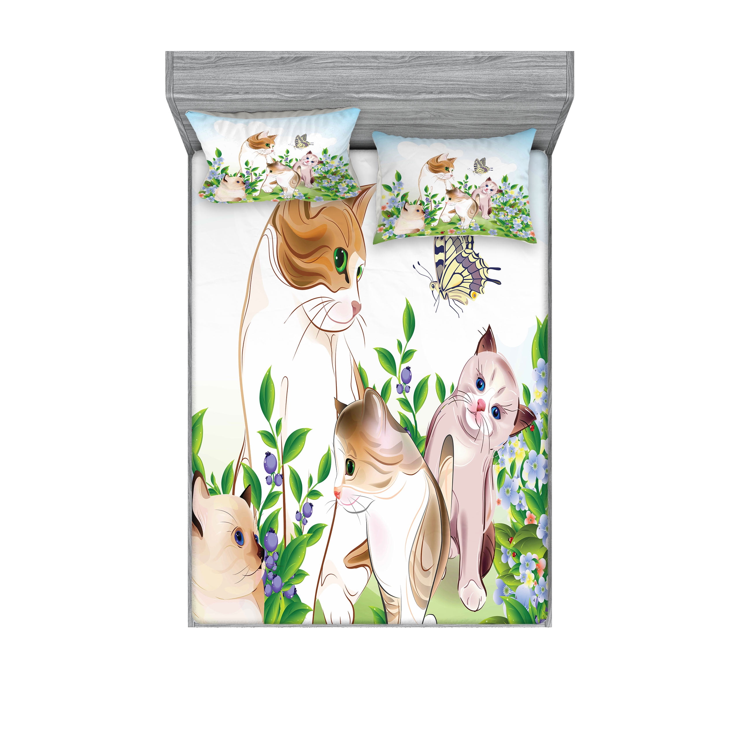 Cat Fitted Sheet & Pillow Sham Set, Kittens in Flower Meadow Field ...