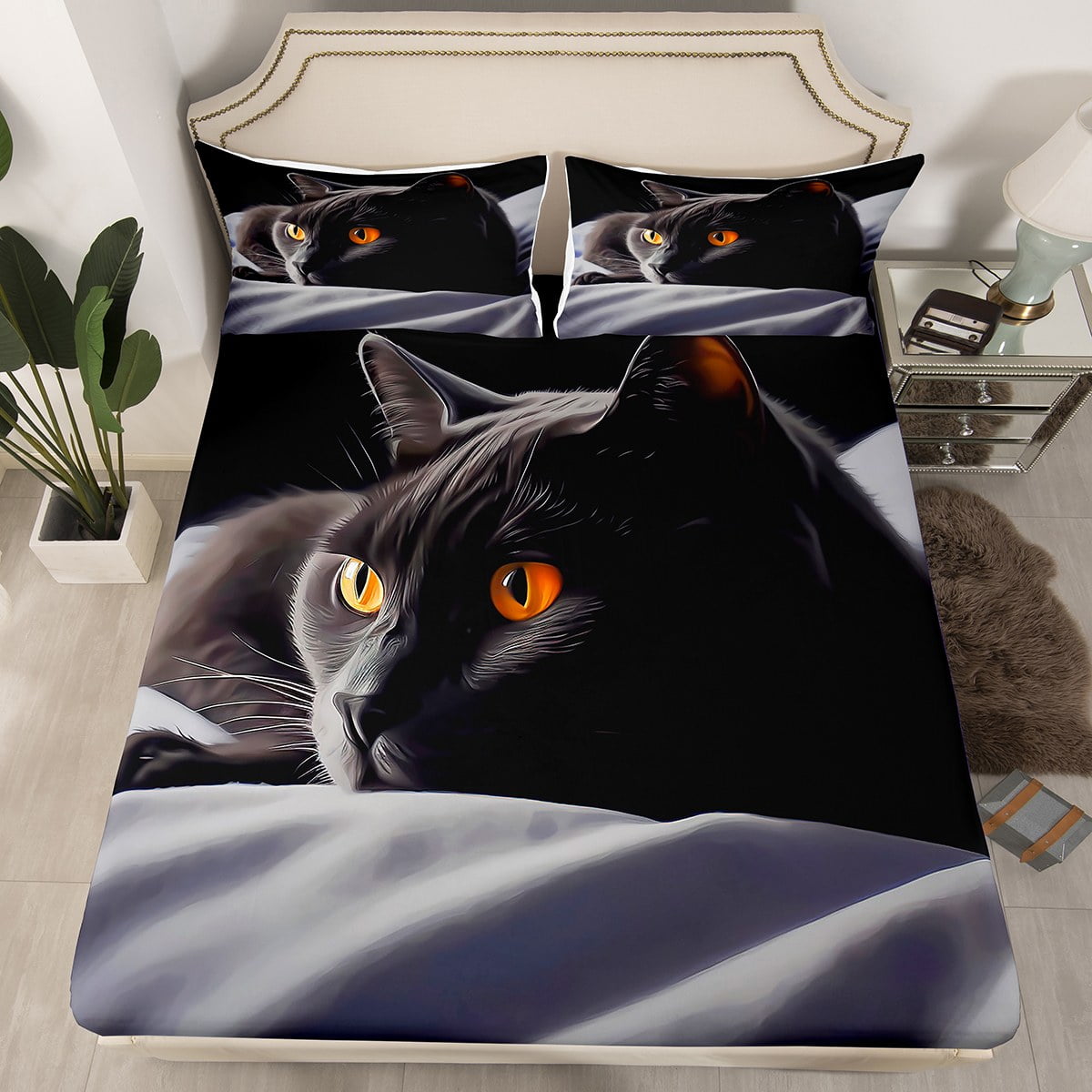 Cat Fitted Sheet Twin,Black Cat Bedding Set for Kids Boys Girls Teens ...