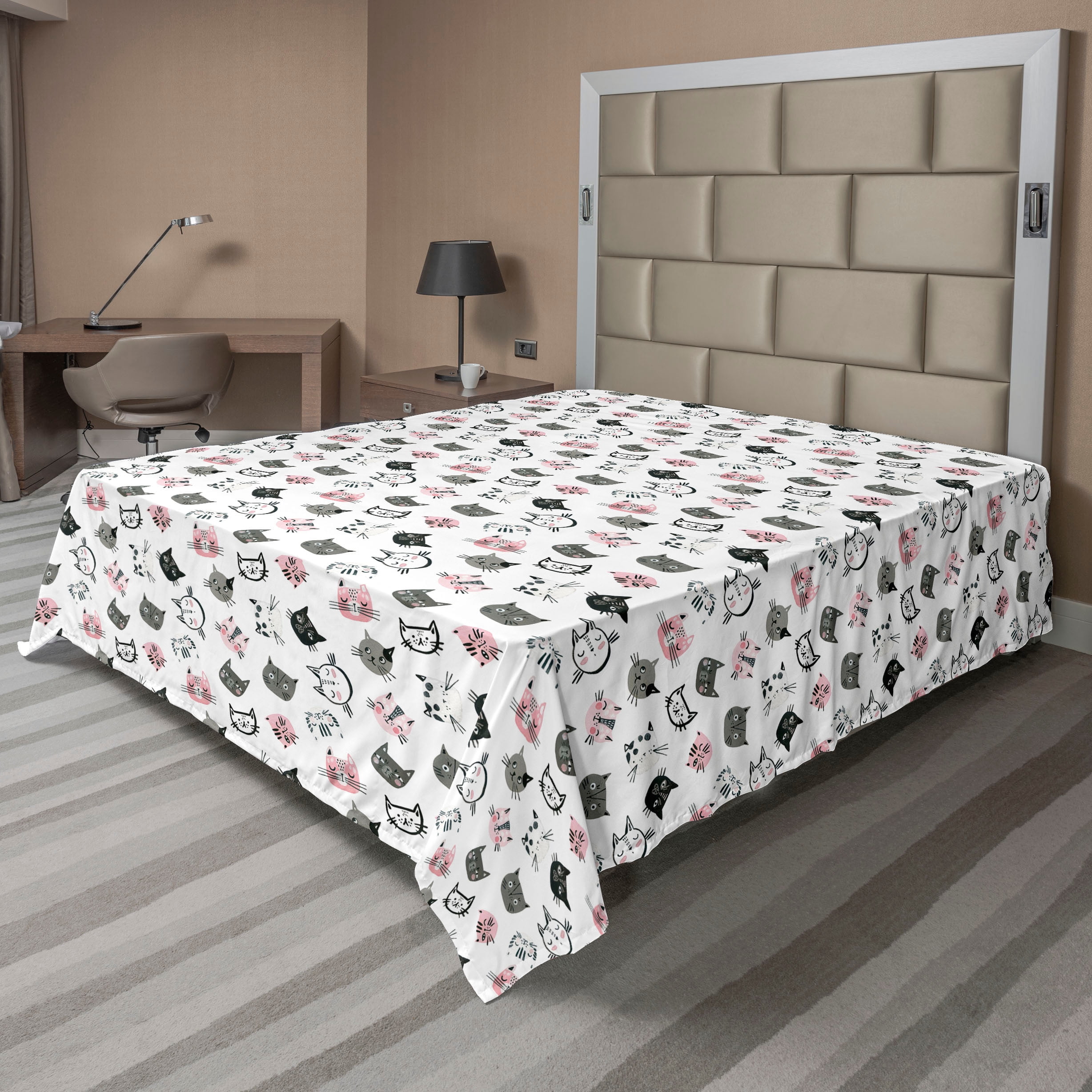 Ambesonne Cat Flat Bedding Sheet Soft Top Sheet, Little Kitty Faces ...