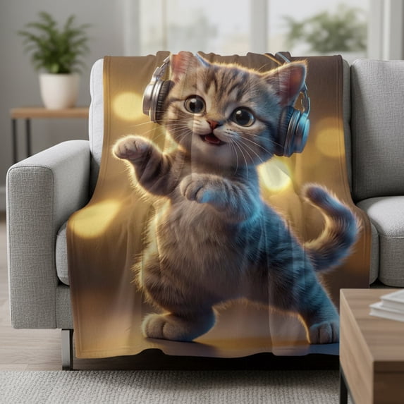 Cat Fleece Throw Blanket Abstract Headphone Cat Shiny Light Background ...