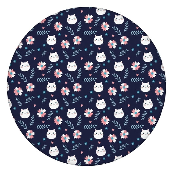 Cat Floral Dark Blue Pattern Round Elastic Tablecloth, 36-44 Inch ...