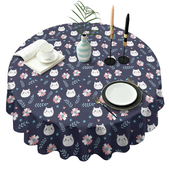 Cat Floral Dark Blue Pattern Round Tablecloth, Fits 60-Inch Table ...
