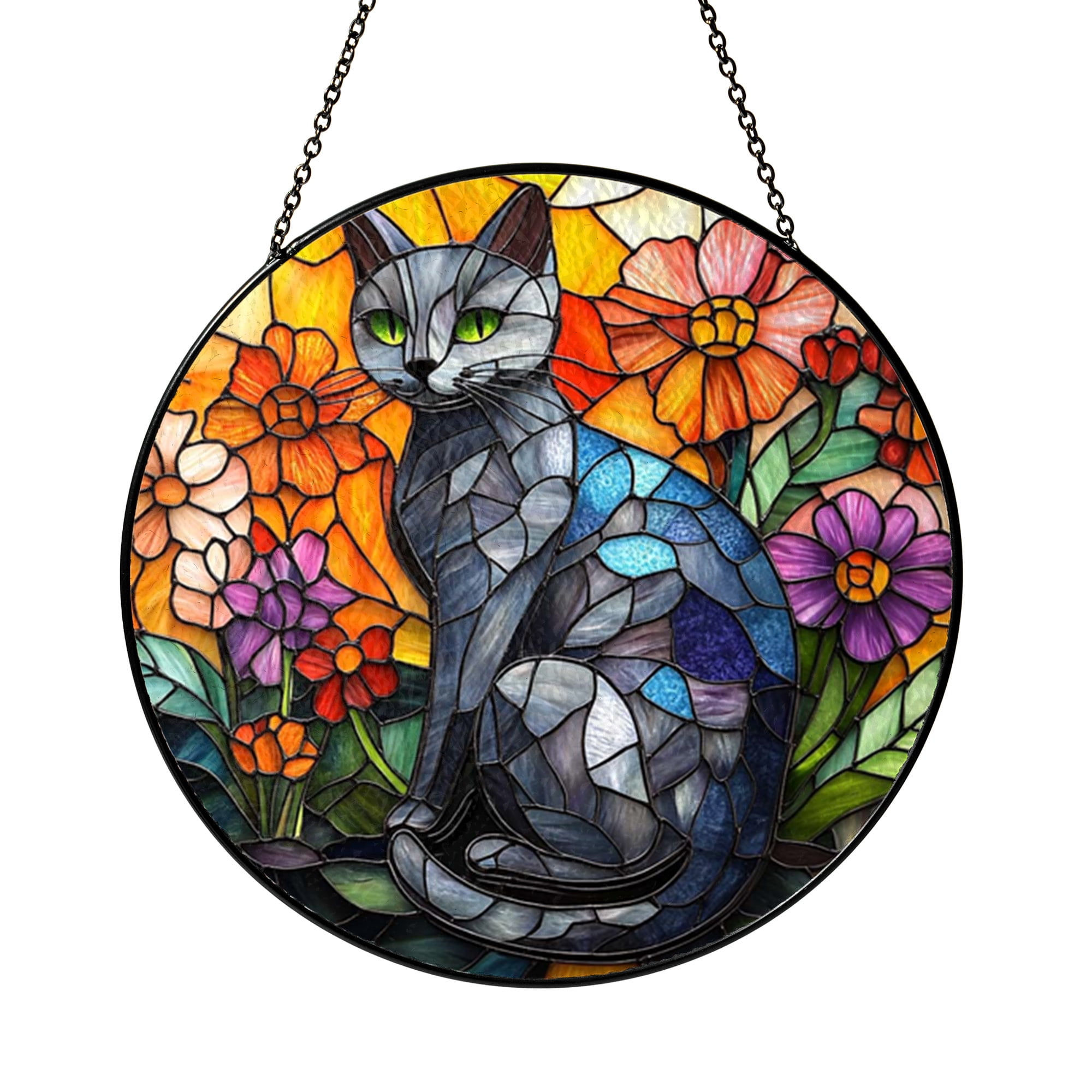 Cat Floral Window Hanging Decor, Stained Glass Style Fantasy Nature ...