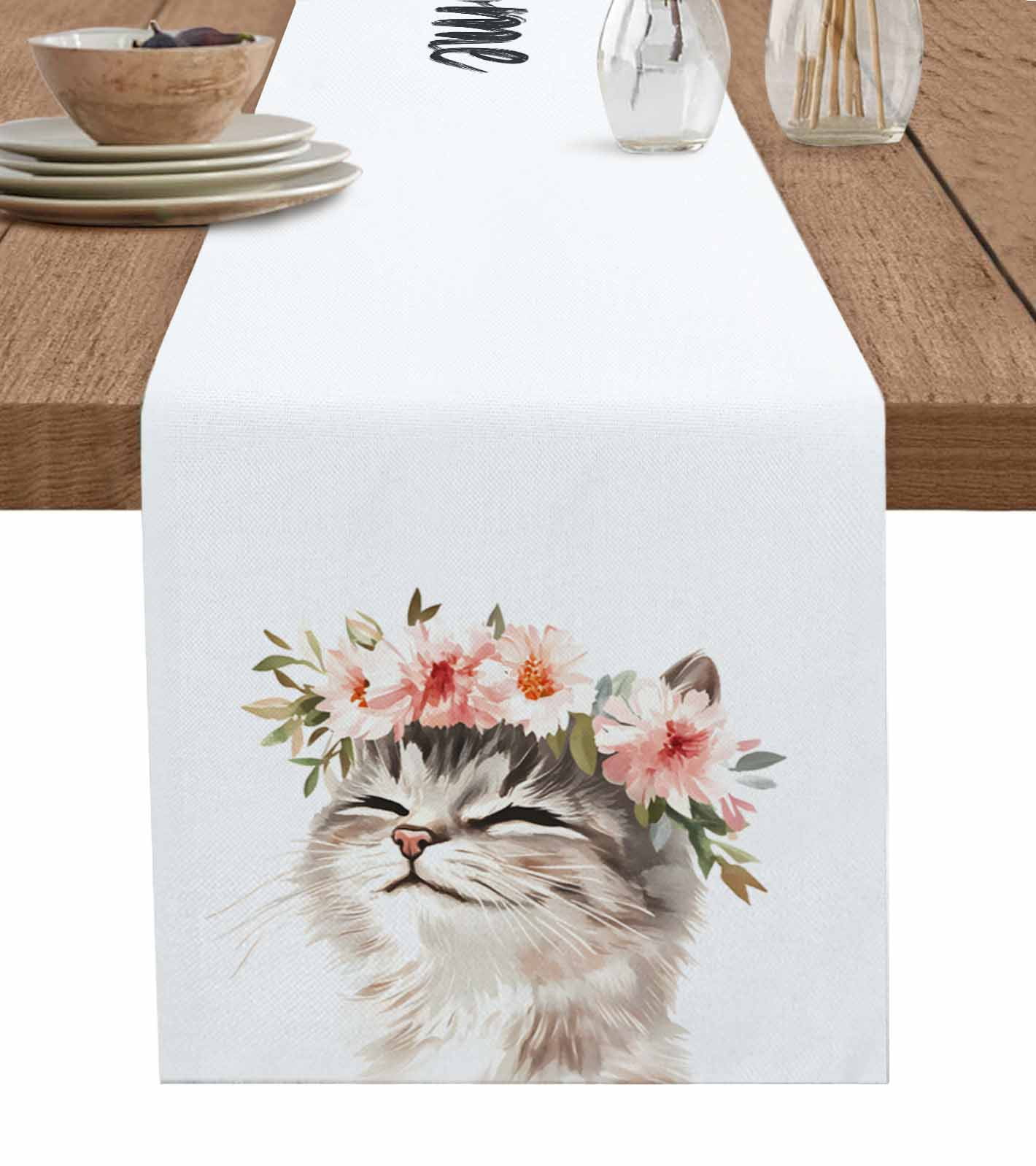Cat Flower Burlap Cotton Table Runner 13x60 Inches Long, Spring Cute ...