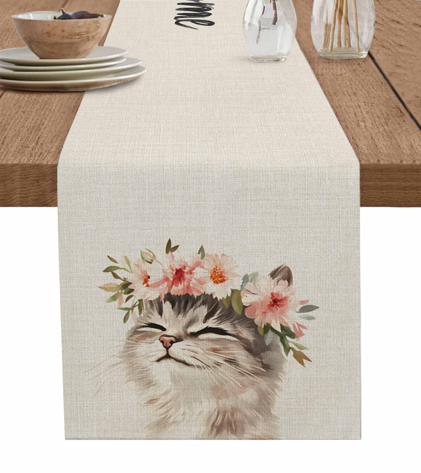 Cat Flower Garland Burlap Cotton Table Runner 13x120 Inches Long, Farm ...