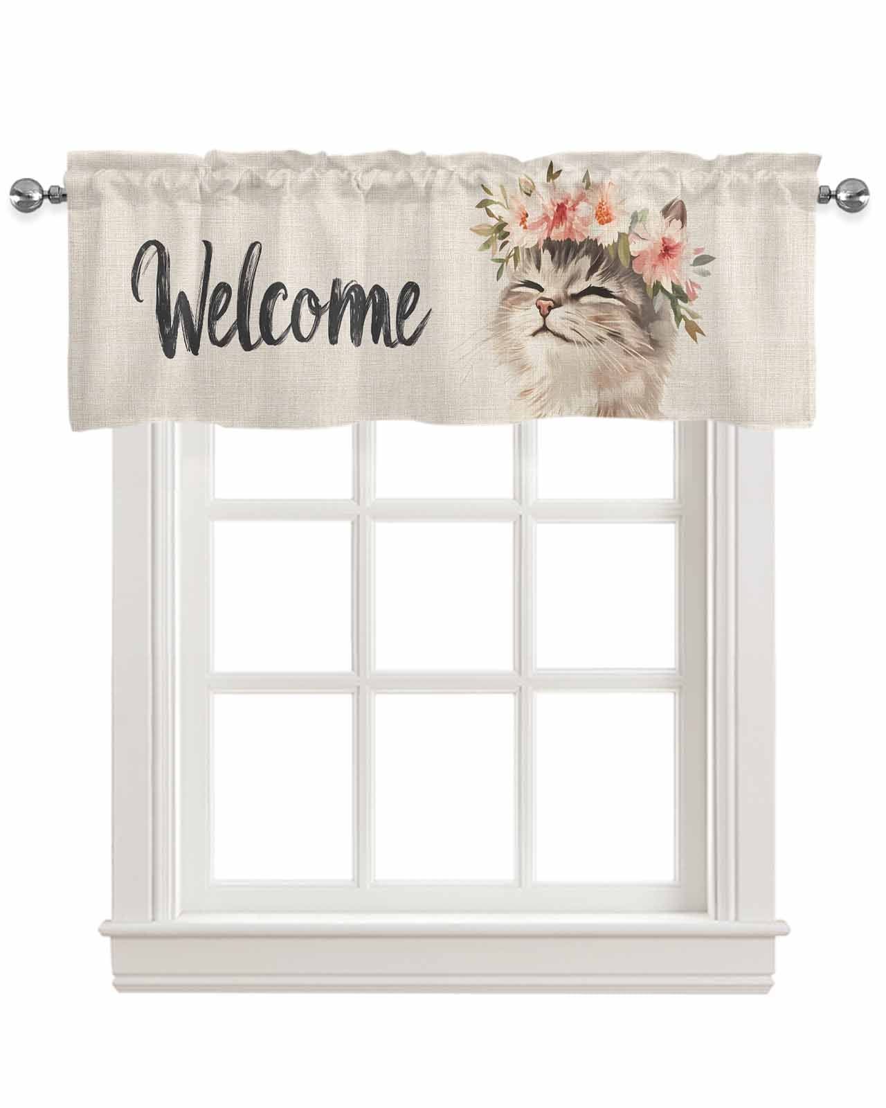 Cat Flower Garland Kitchen Valances for Windows Farmhouse Linen Window ...