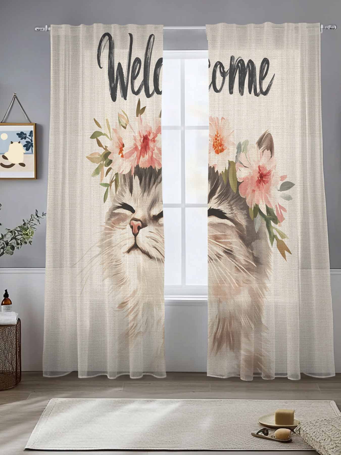 Cat Flower Garland Sheer Curtains for Living Room Bedroom Farm Animal ...