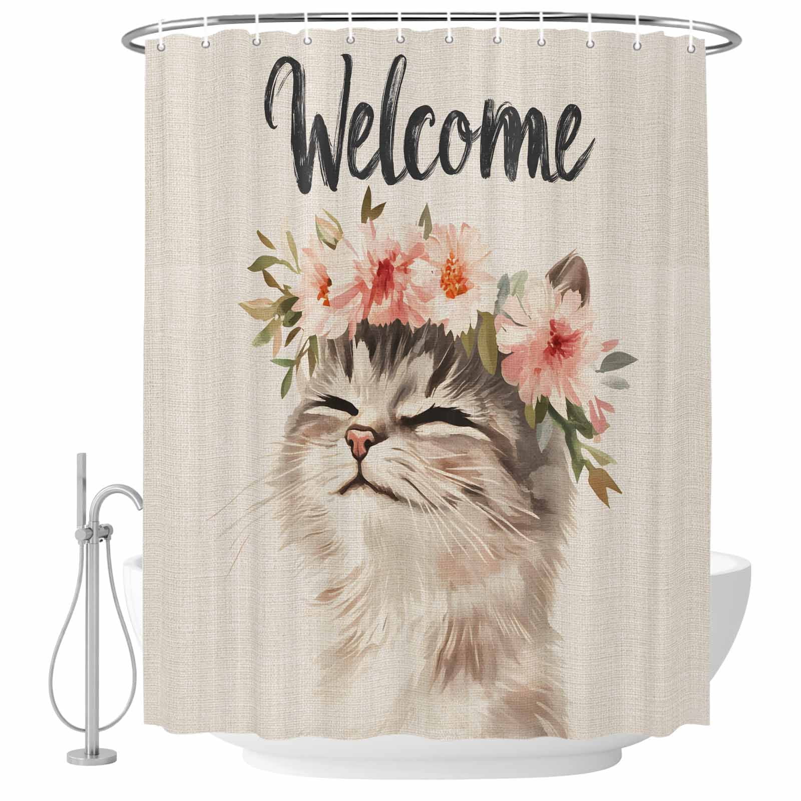 Cat Flower Garland Shower Curtain - Water Repellent Fabric Shower ...