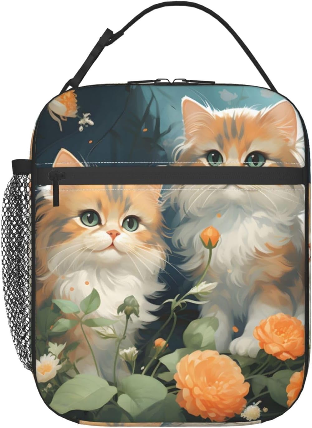 Cat Flower Lunch Bag with Adjustable Shoulder Strap Insulated Lunch Box ...