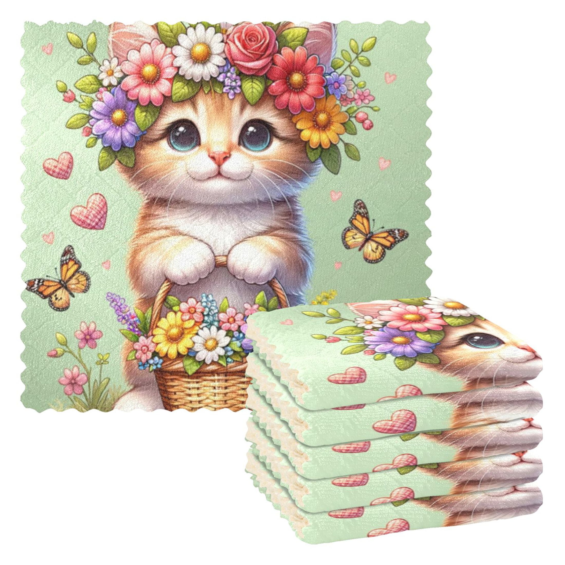 Cat Flower Sage Green Kitchen Cloth Dish Towels for Drying Washing ...