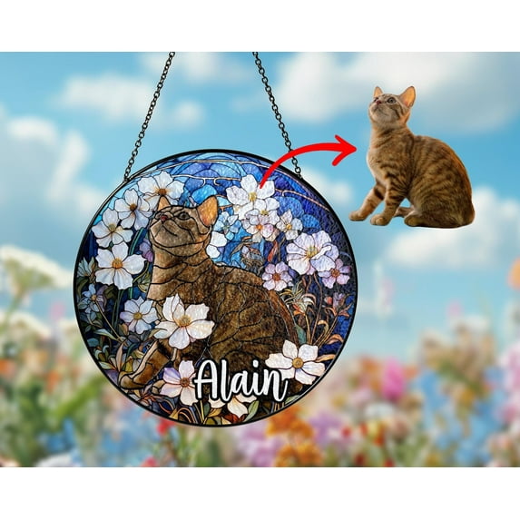 Cat Flower Stained Glass Art Acrylic Ornament, Pet Portrait ...