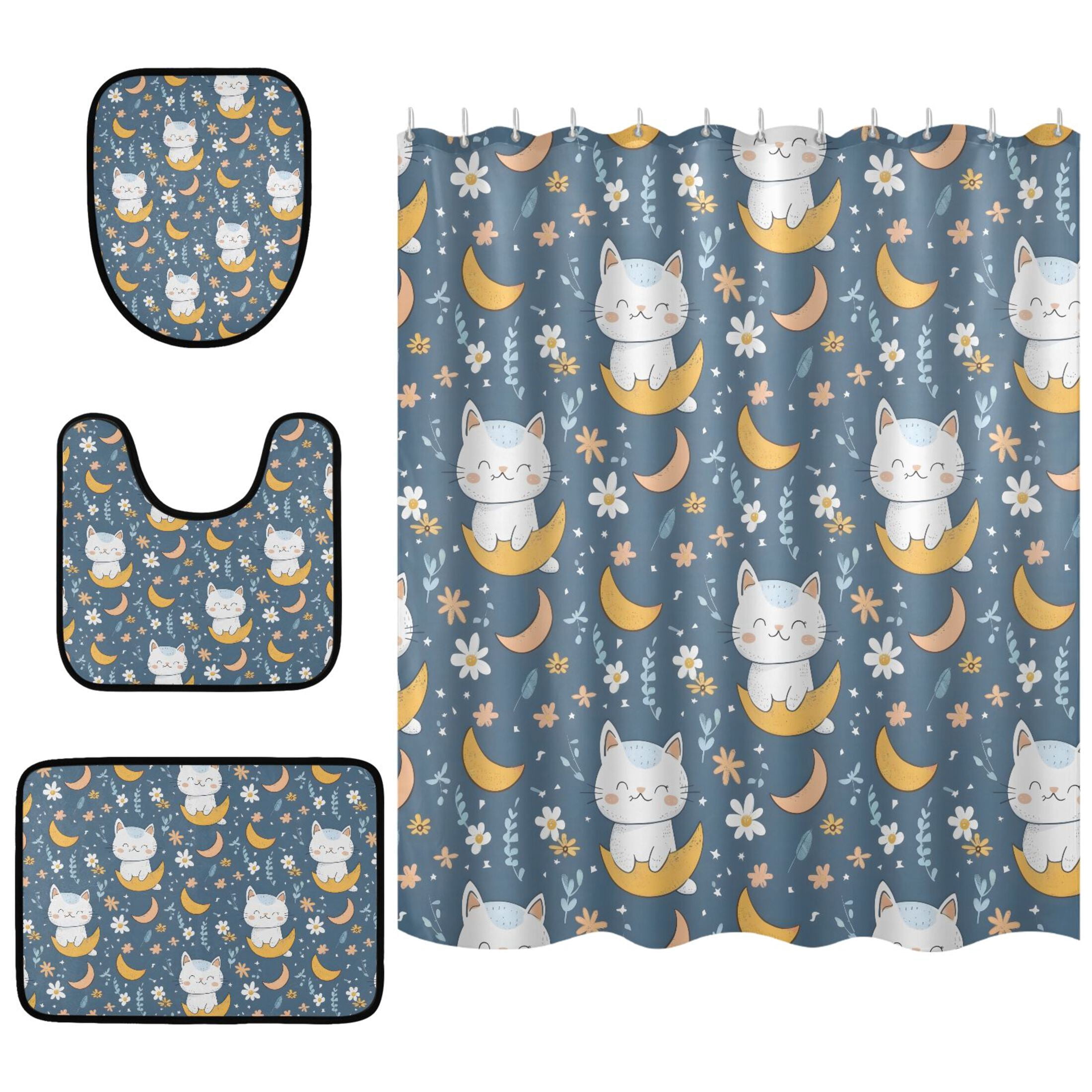 Cat Flower and Moon Shower Curtain Sets 4 Piece Waterproof Bathroom Set ...
