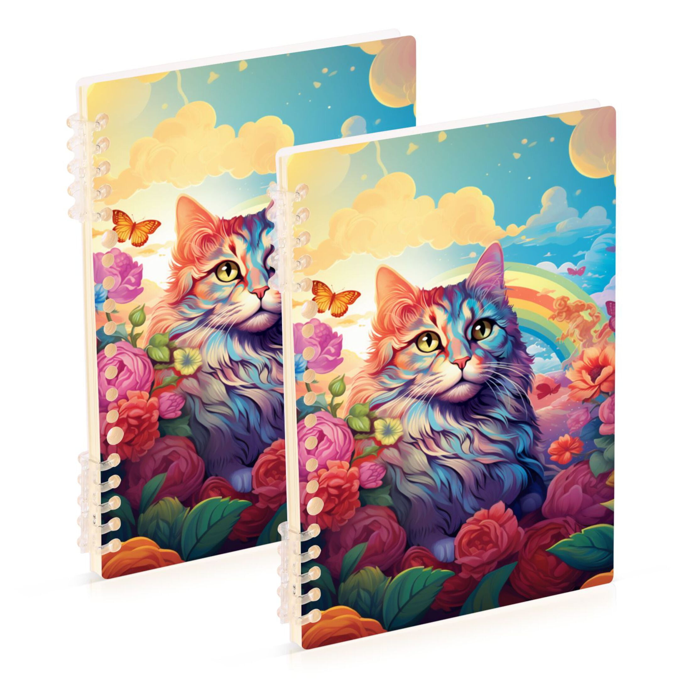 Cat Flowers Leaves Butterflies and Rainbow Ring Binder Notebook Journey ...