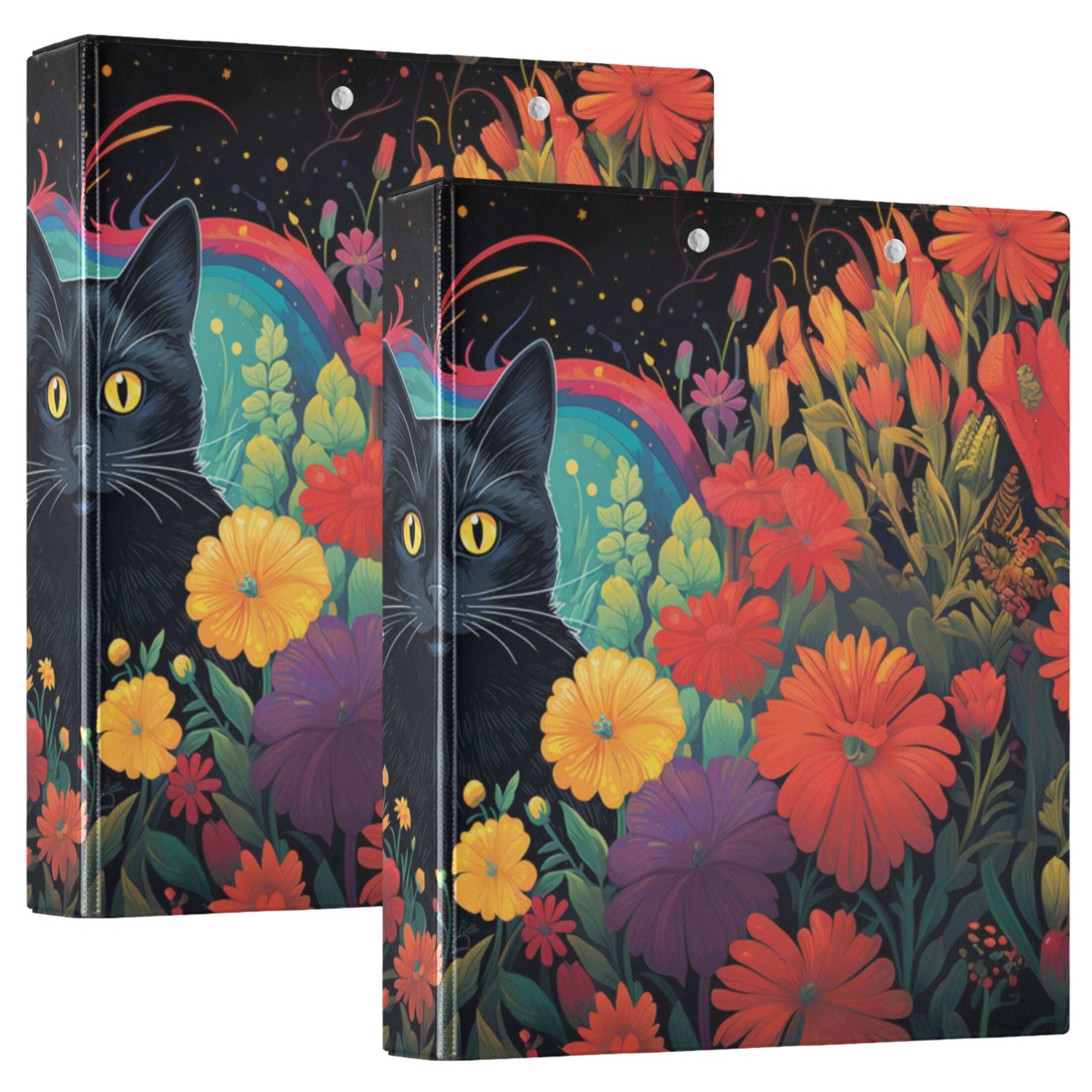 Cat Flowers Leaves Floral Black 3 Ring Binders 1.5 inch Hardcover File ...