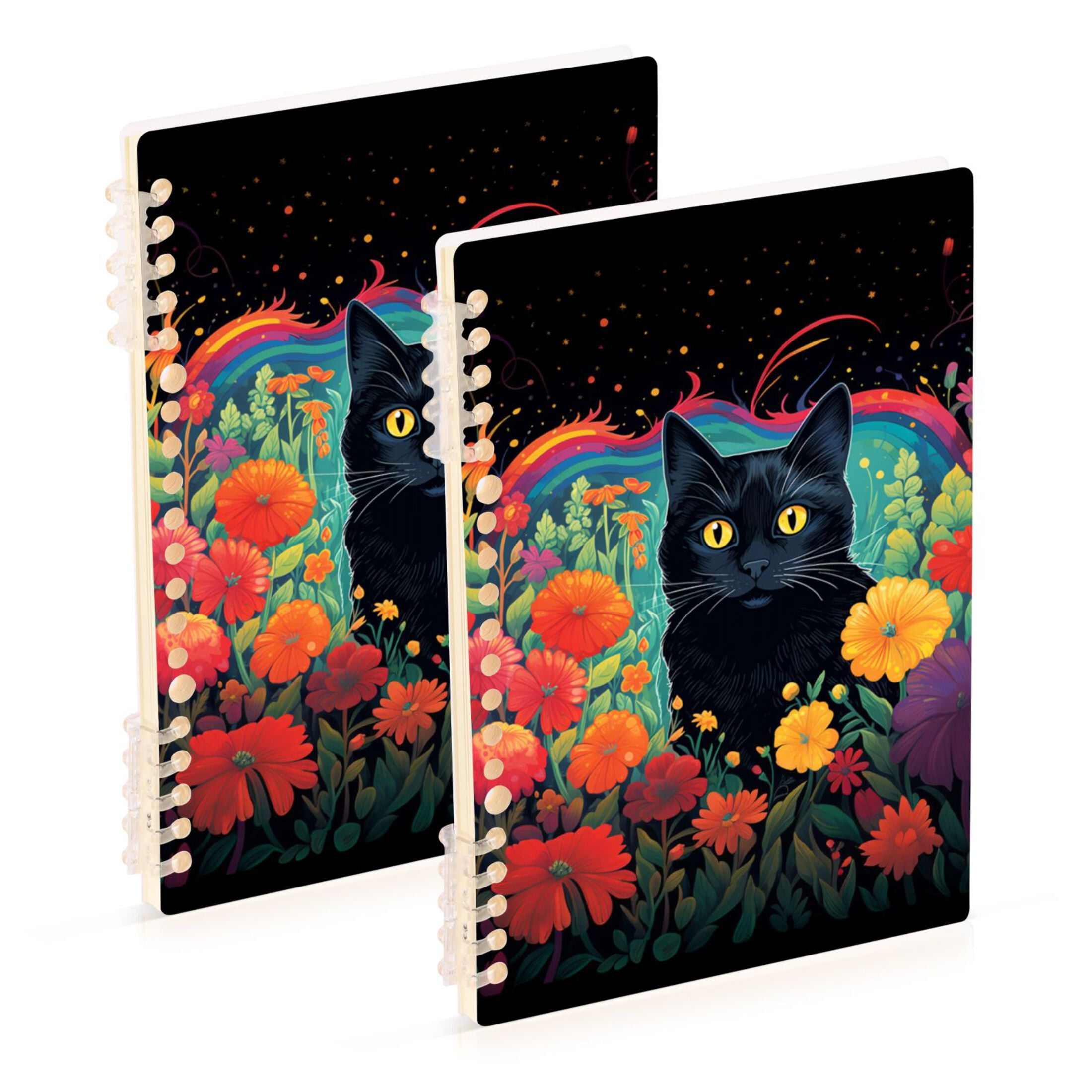 Cat Flowers Leaves Floral Black Ring Binder Notebook Journey Note Diary ...