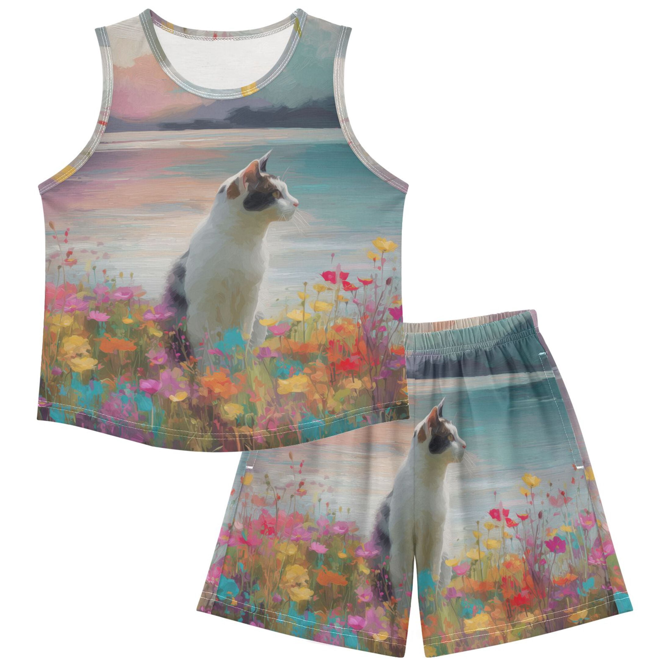 Cat Flowers Pond Pajamas Set Sleeveless Sleepwear Tank Tops with Shorts ...