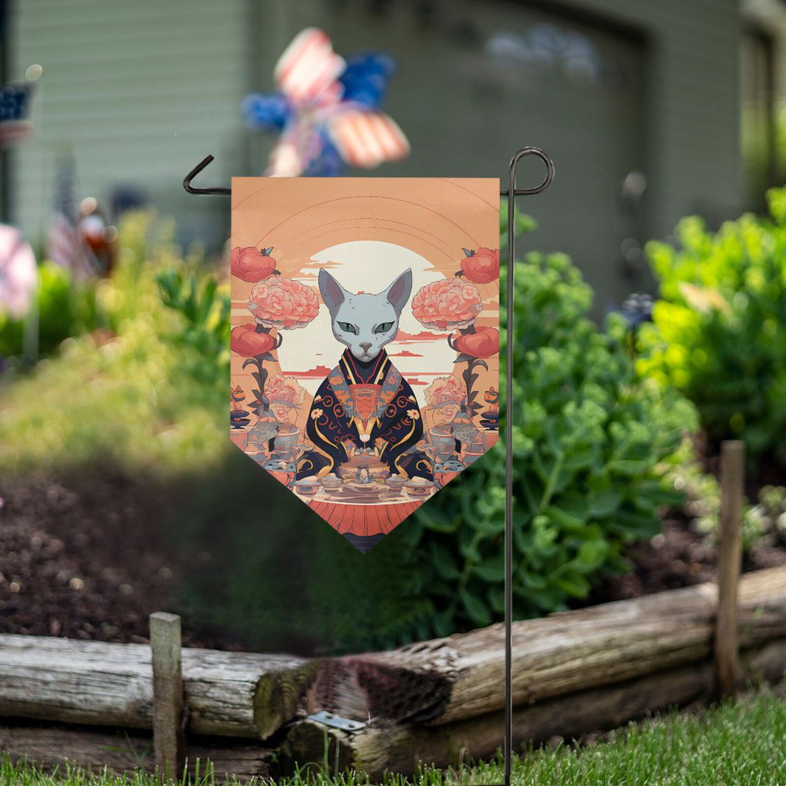 Cat Flowers Sun Orange God Garden Flag 18" x 12.5" Double Sided Yard ...