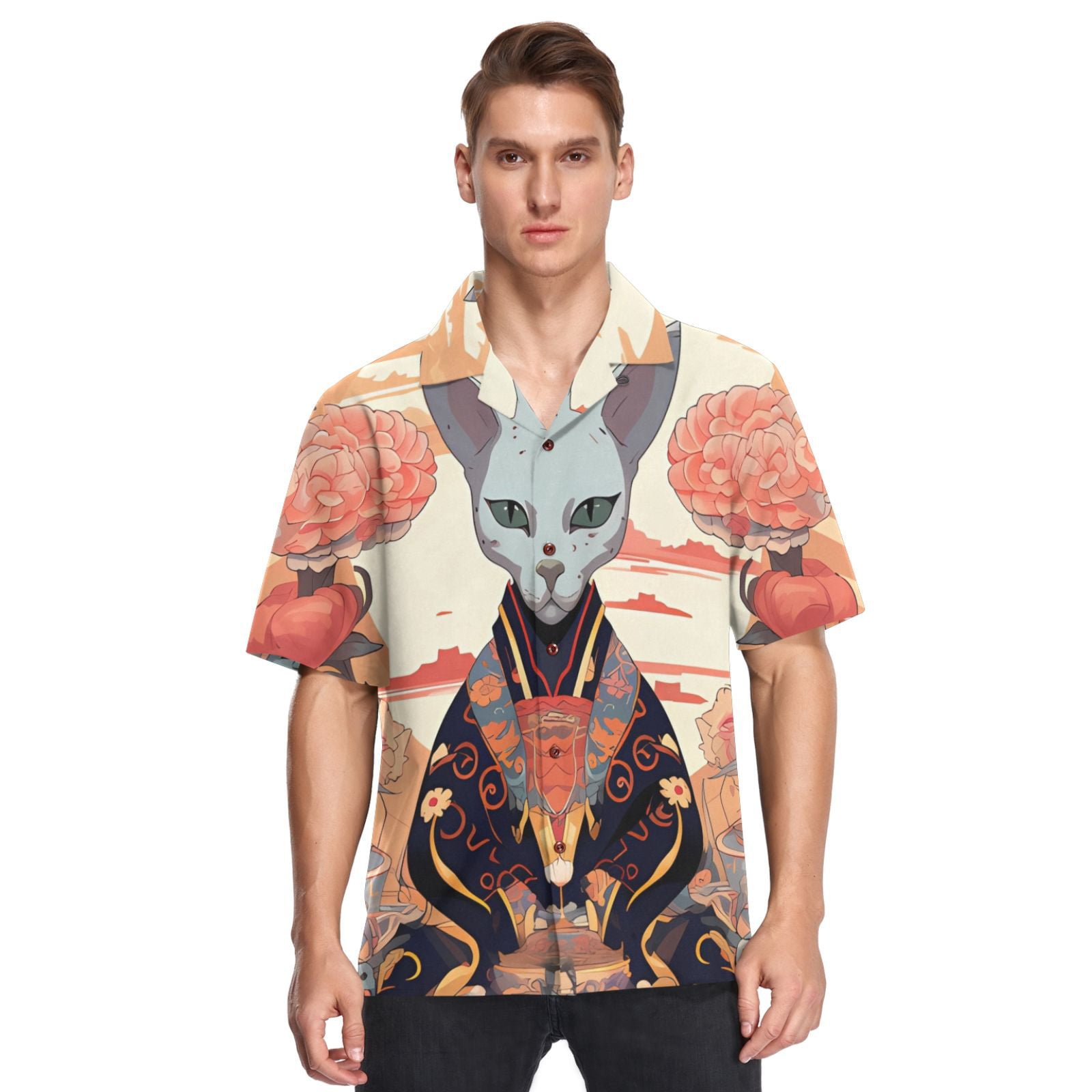 Cat Flowers Sun Orange God Men's Hawaiian Wrinkle Free Button Down ...