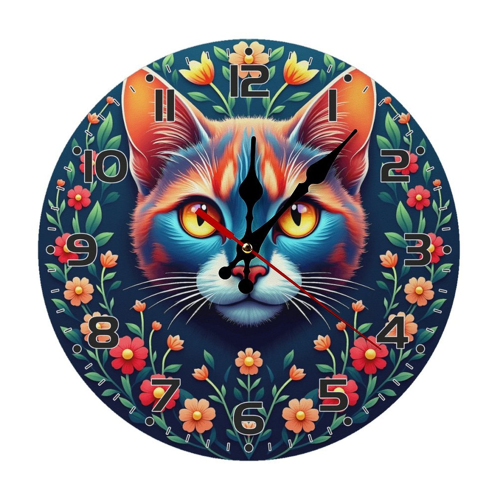 Cat Flowers Wall Clock 10 Inch Silent Non Ticking Round Clock ...