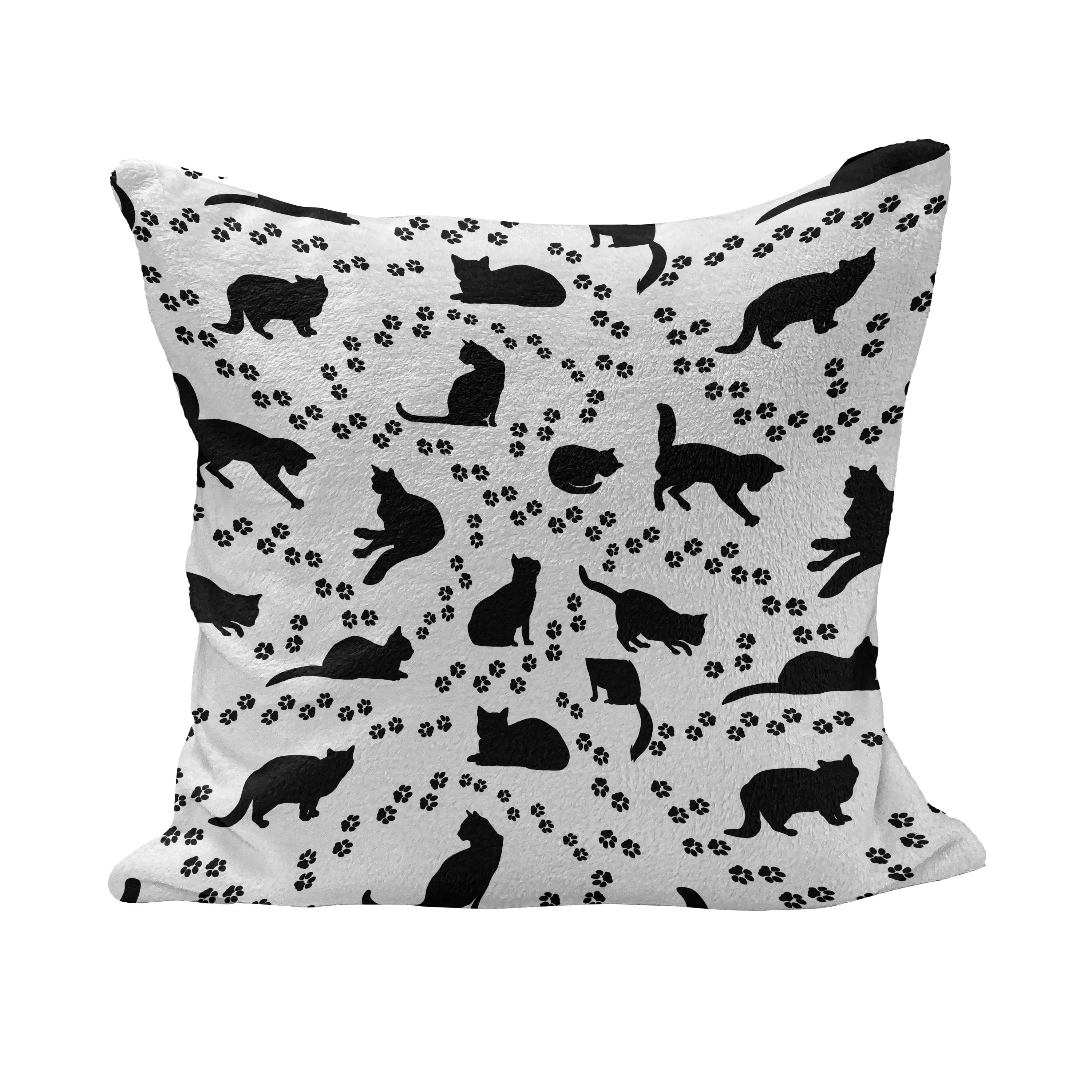 Cat Fluffy Throw Pillow Cushion Cover, Cat Silhouette and Animal Tracks Pattern Paws Footprints ...