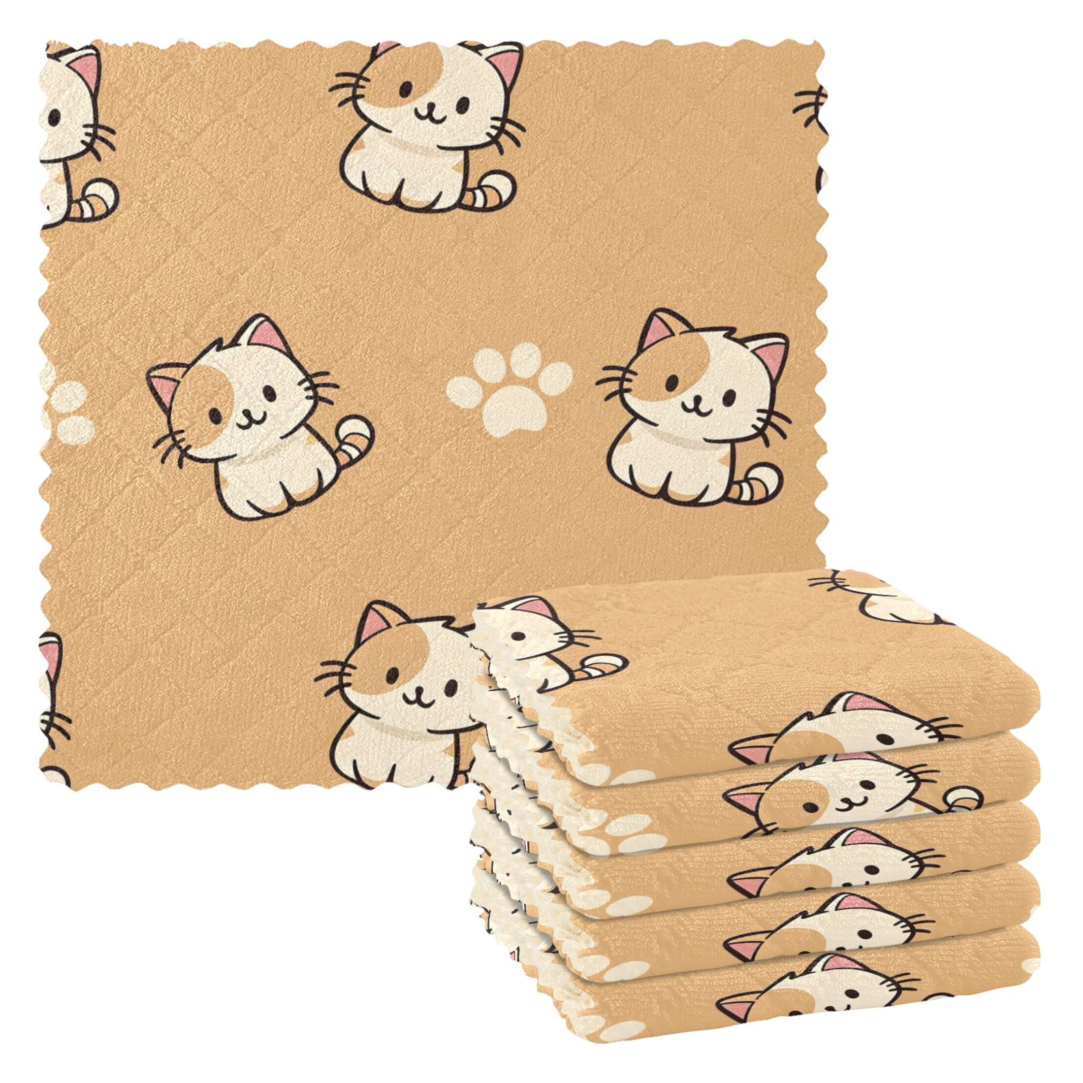 Cat Footprint Kitchen Cloth Dish Towels for Drying Washing Absorbent ...
