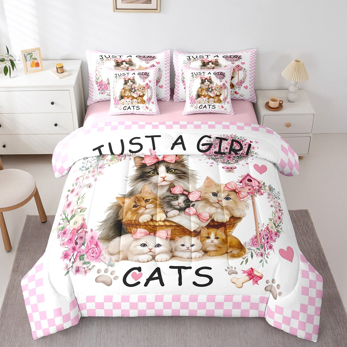 Cat Full Bed in a Bag 7 Piece Cute Cartoon Cat Print Bedding Sets for ...