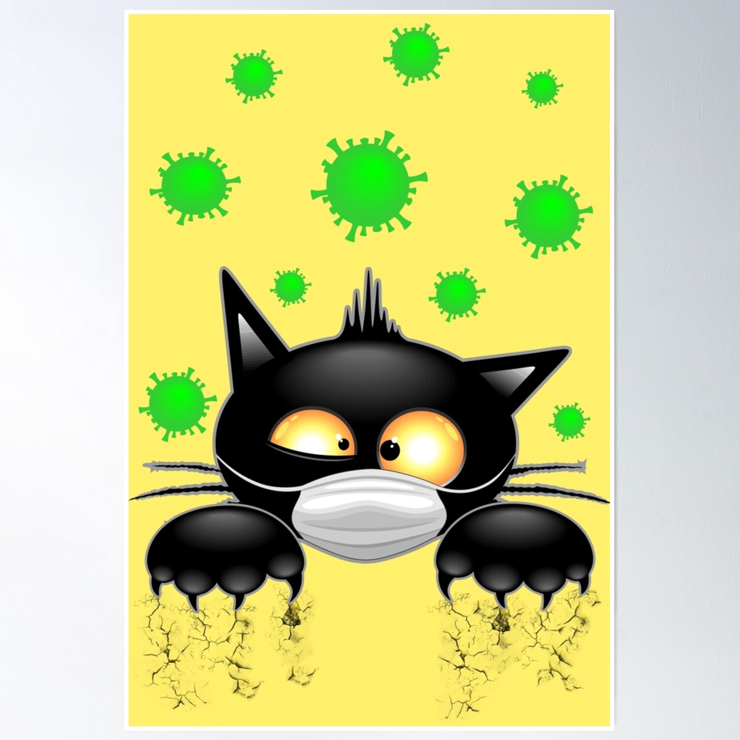 Cat Funny Cartoon Character With Face Mask And Viruses Poster Wall Art ...