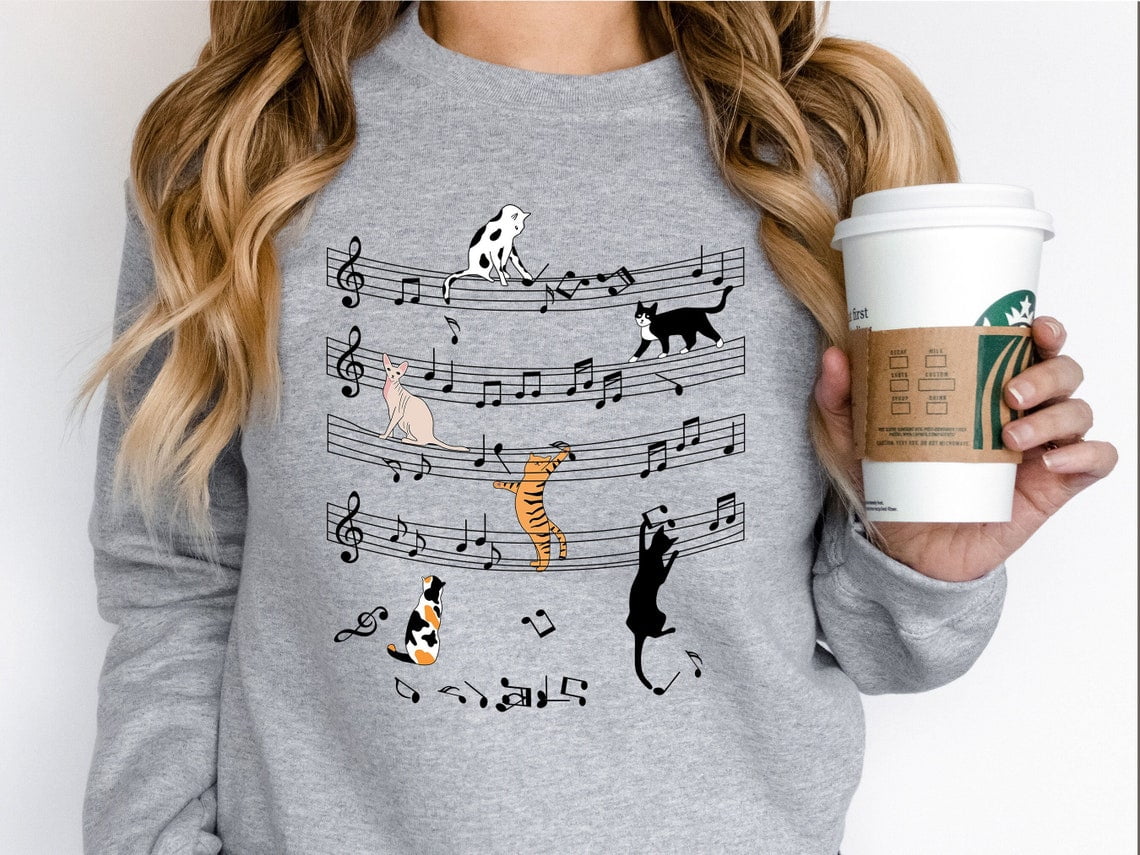Cat Funny Music Notes Sweatshirt Musician,Sand color,size M - Walmart.com