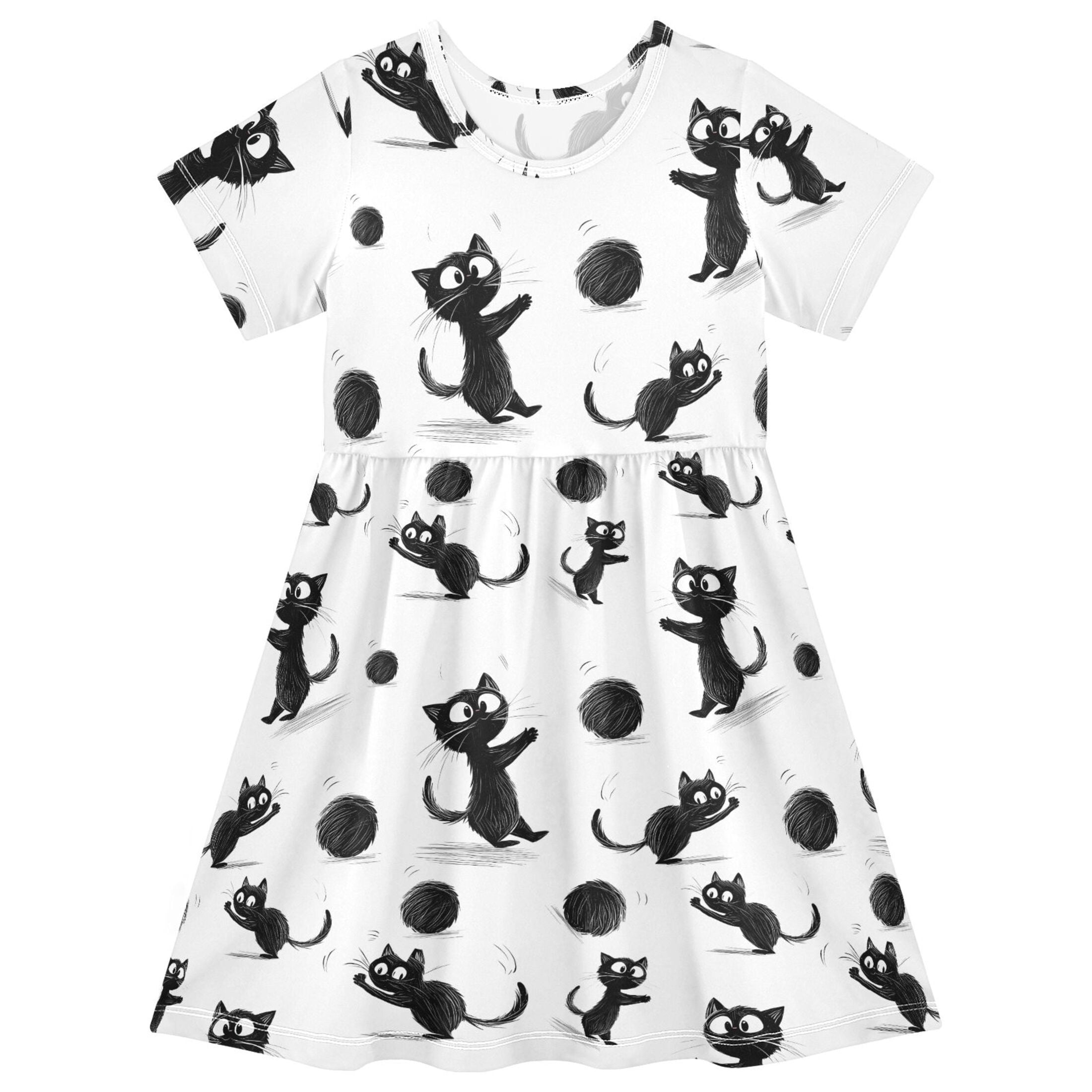 Cat Fur Ball Short Sleeve Dress A-Line Cute Midi Casual Sundress 2-8 ...