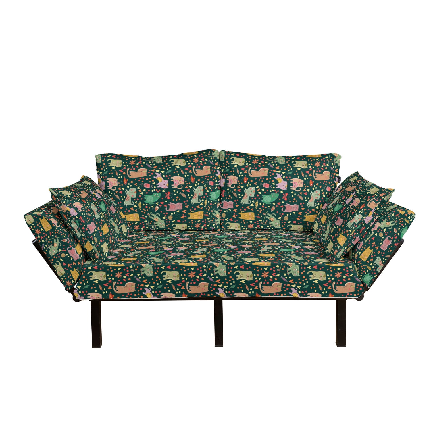 Cat Futon Couch, Cartoon Style Feline Pattern on a Hearts Dots and Fish ...