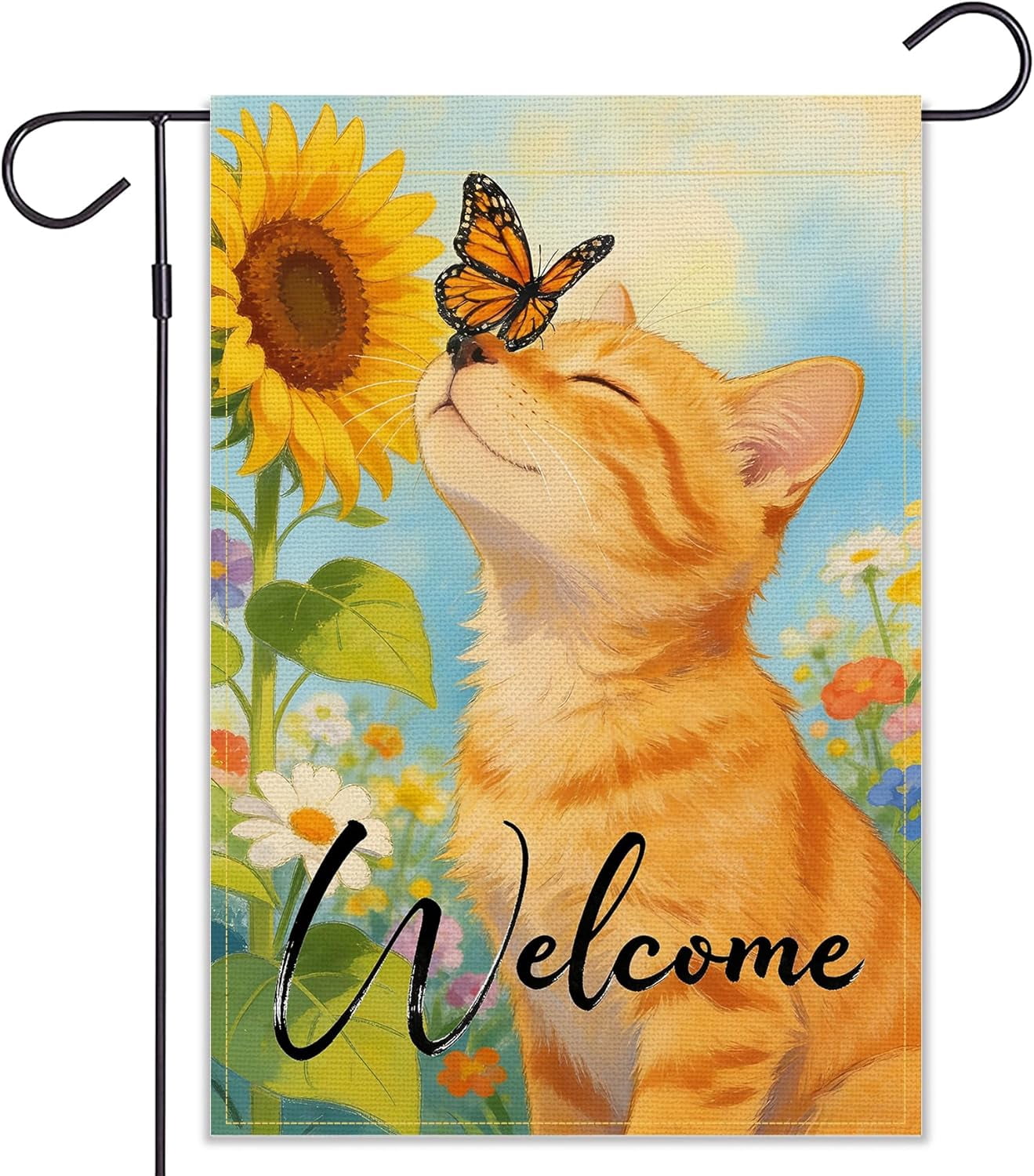 Cat Garden Flag, Orange Tabby with Sunflower and Butterfly, Spring ...