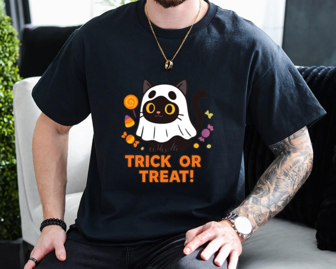 Cat Ghost Trick Or Treat Retro Halloween Fun Unisex T-Shirt Meow Kitty ...