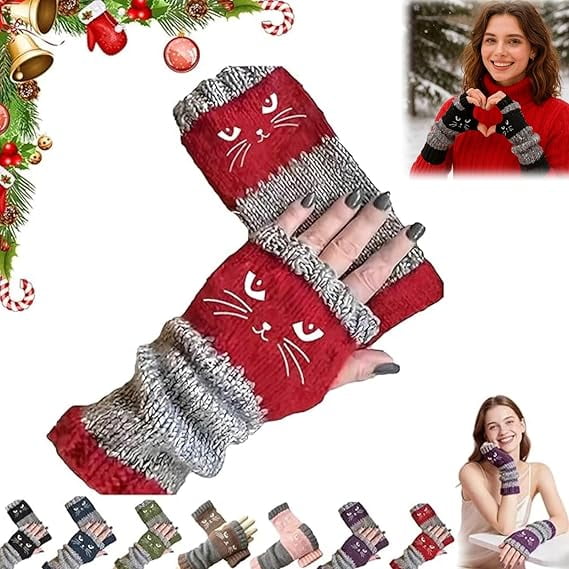 Cat Gloves, Fingerless Cat Glove for Women, Cozy Knit Winter Warm ...