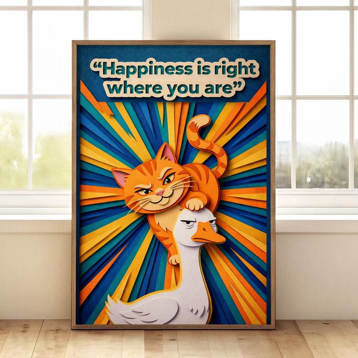 Cat Goose Whimsical Animal Layered Illustration Happiness Quote Poster ...