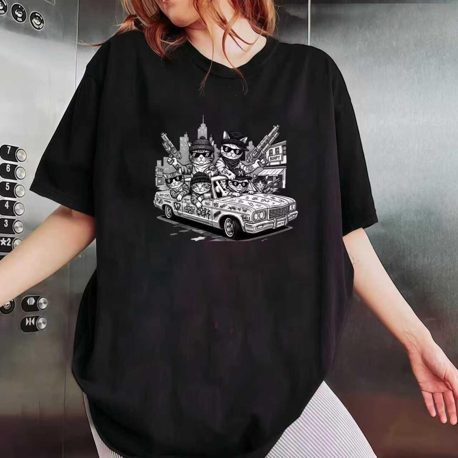 Cat Graphic Tees for Women,Funny T-Shirt with Cartoon Cats Riding in ...