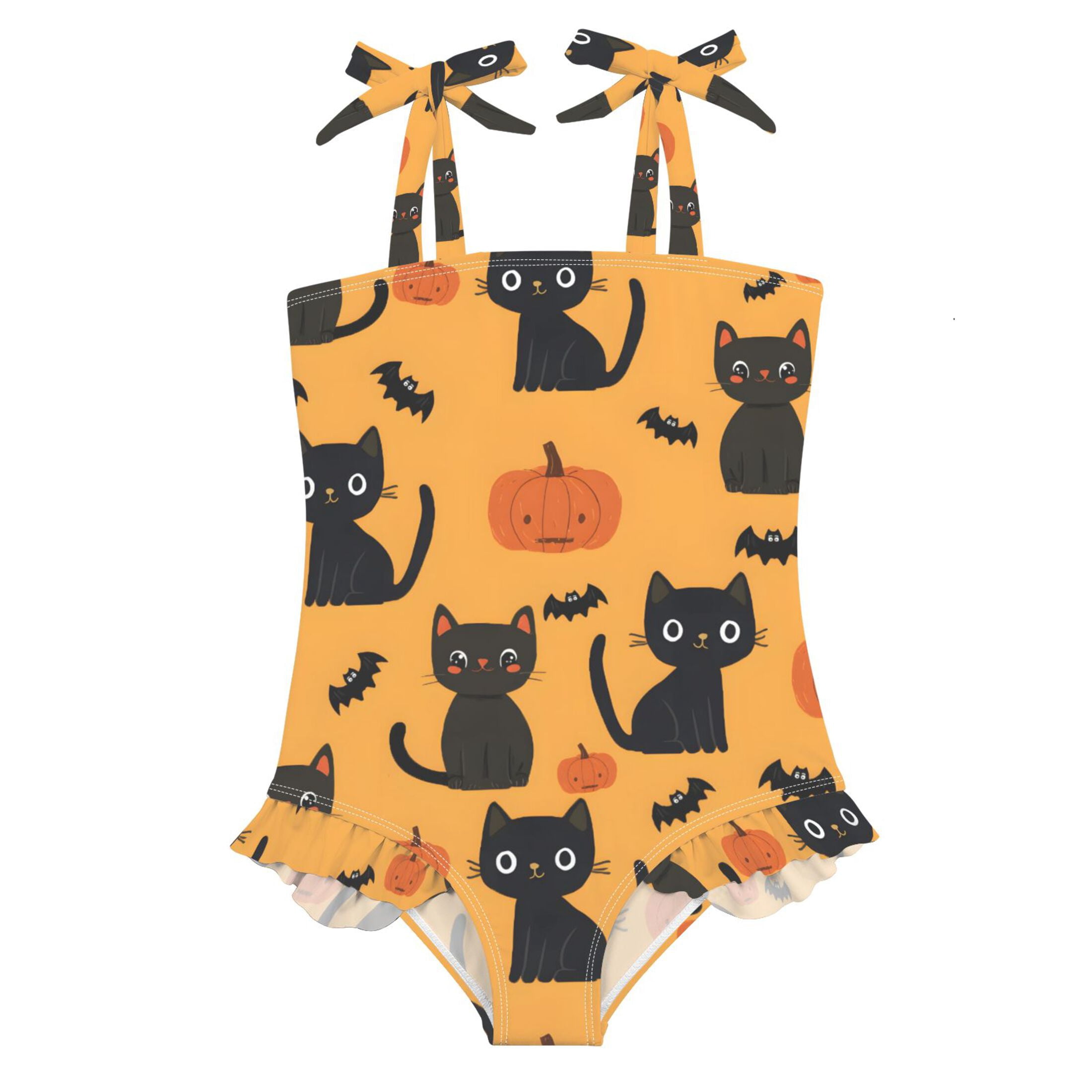 Cat Halloween Pattern Girls' One-Piece Swimsuit Bowknot Tie Shoulder ...