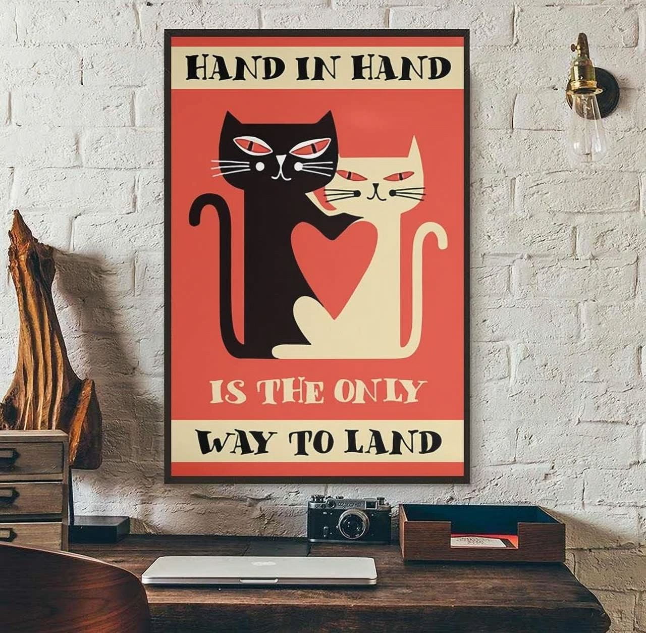 Cat Hand In Hand Is The Only Way To Land Poster Home Decor Vintage Art ...