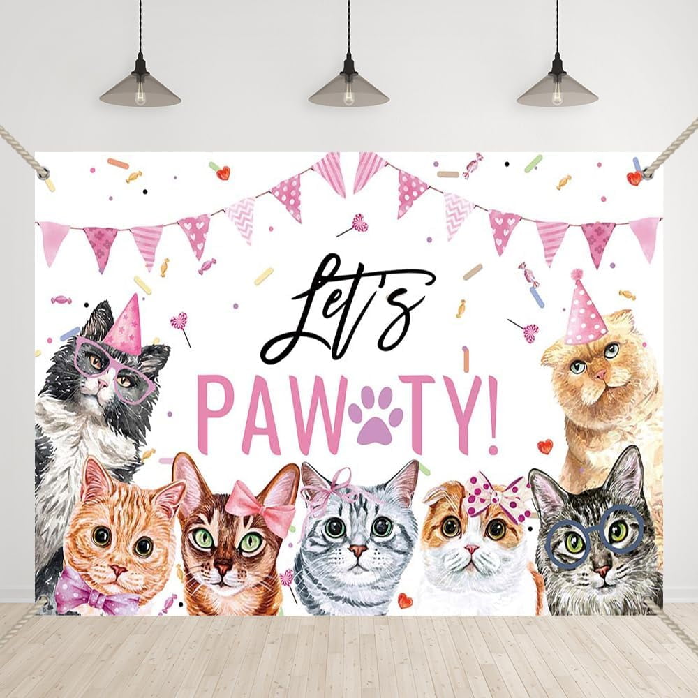 Cat Happy Birthday Backdrop Let’s Pawty Party Decorations Kitten ...